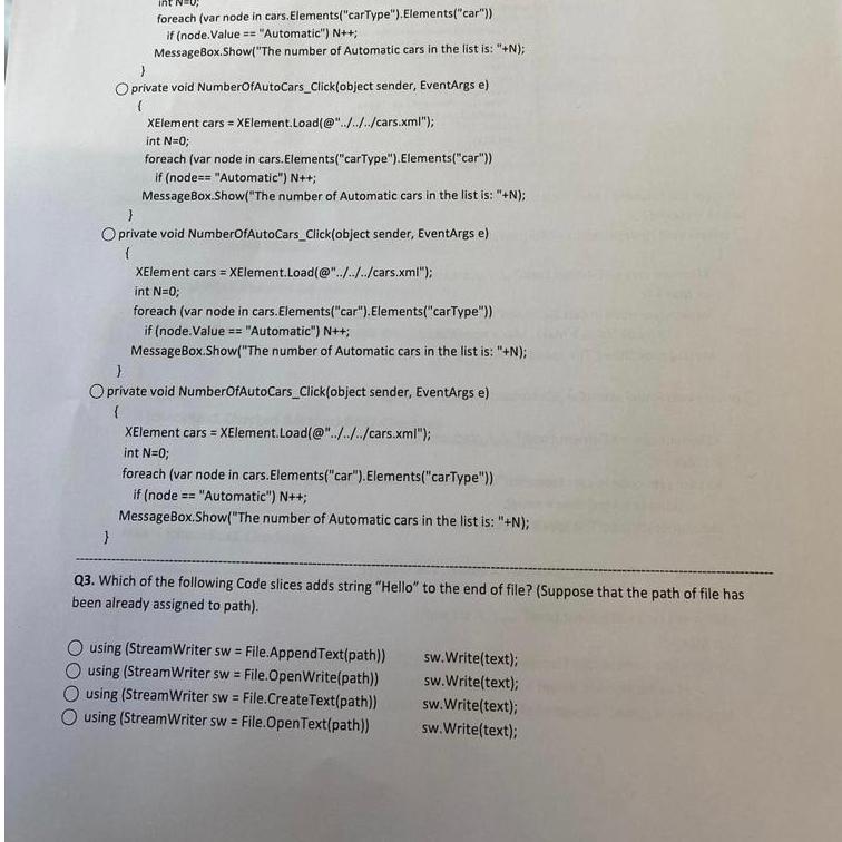 Solved foreach (var node in cars. Elements("carType"). | Chegg.com