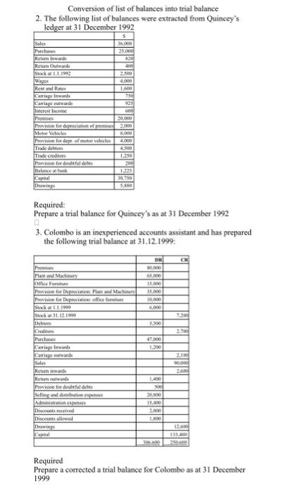 Solved Conversion of list of balances into trial balance 2. | Chegg.com