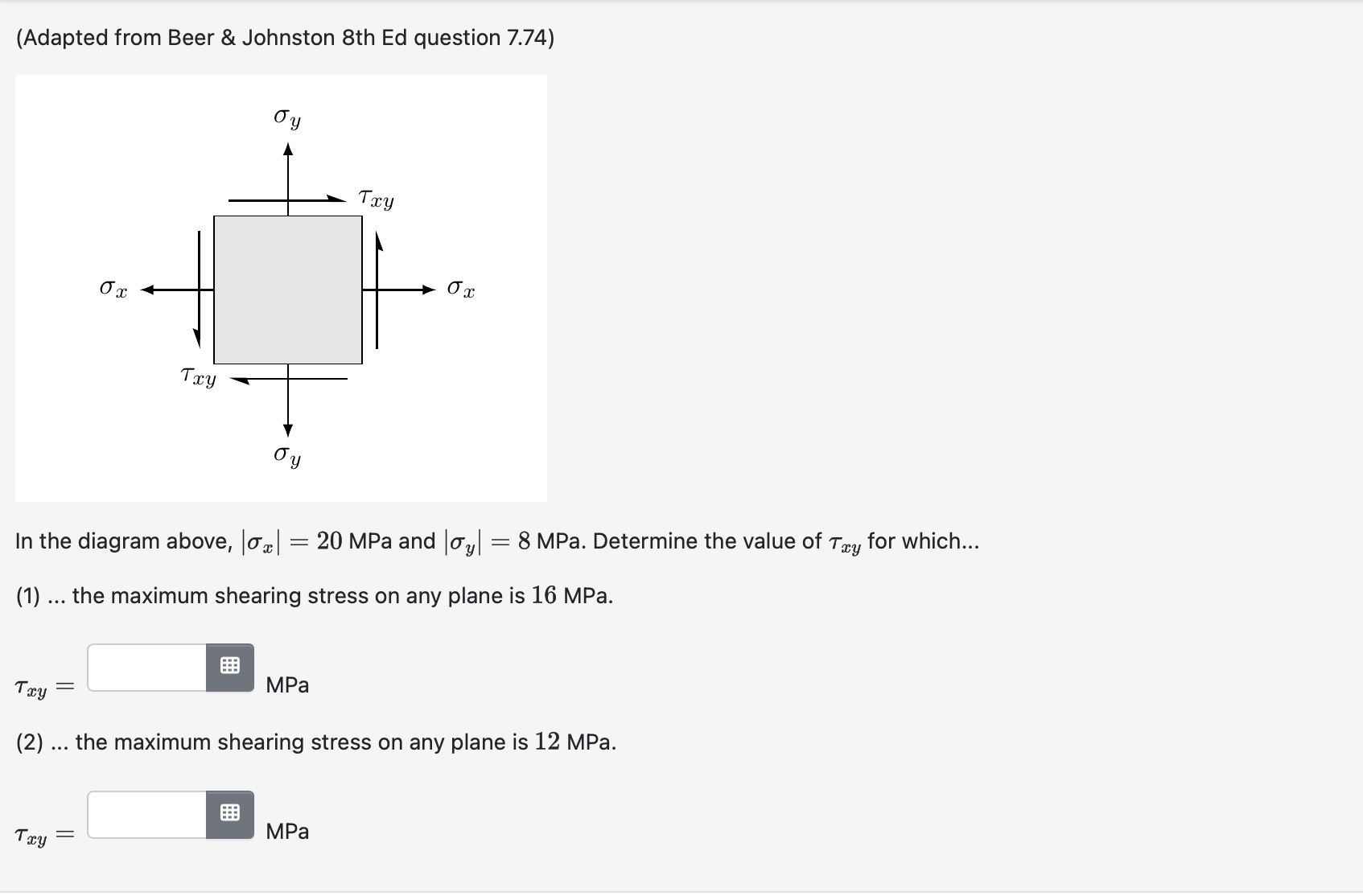 Solved In the diagram above, |σx|=20MPa and |σy|=8MPa. | Chegg.com
