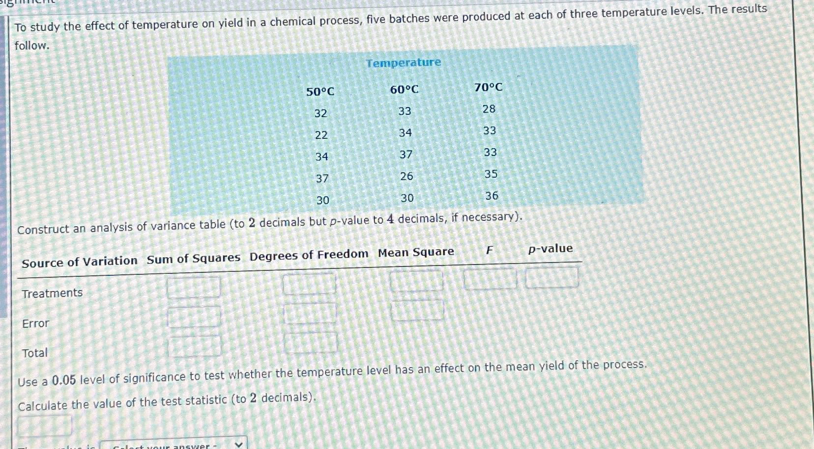 Solved To study the effect of temperature on yield in a | Chegg.com