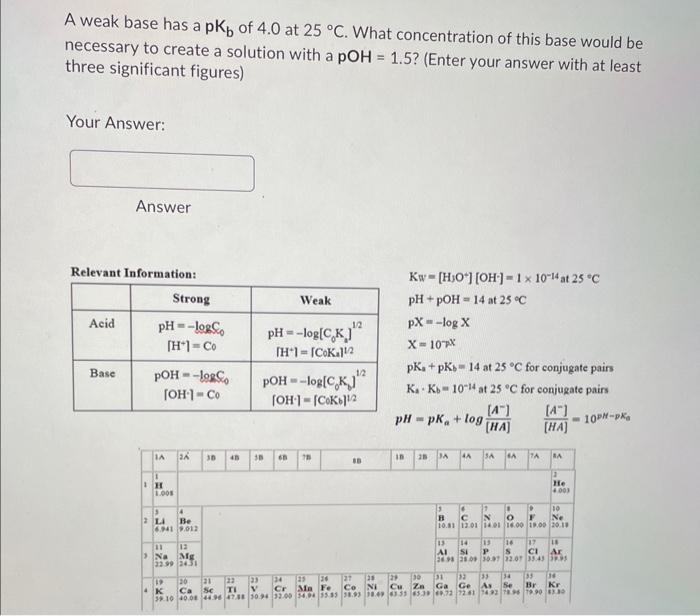 Solved A weak base has a pKb of 4.0 at 25∘C. What | Chegg.com