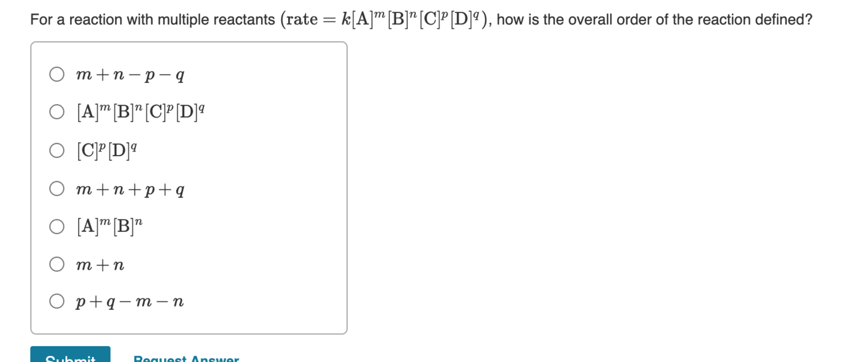 Solved =k[A]m[B]n[C]p[D]q m+n-p-q[A]m[B]n[C]p[D]q[C]p[D]qm+n | Chegg.com