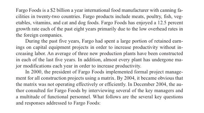 Solved Fargo Foods is a $2 billion a year international food | Chegg.com