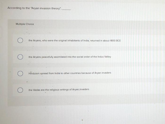 Solved According to the "Aryan invasion theory". Multiple | Chegg.com