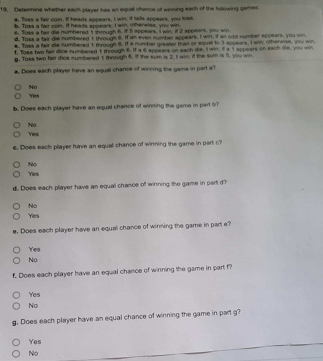 Solved 9. Determine whether each player has an equal chance | Chegg.com