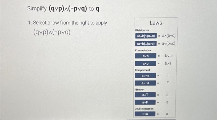 Solved Simplify (q∨p)∧(¬p∨q) to q 1. Select a law from the | Chegg.com