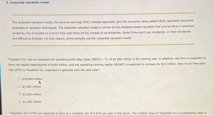 Solved 4. Corporate valuation model The corporate valuation | Chegg.com