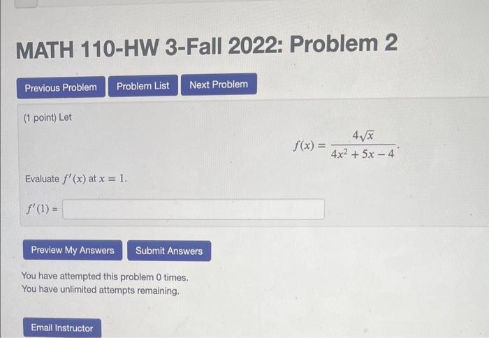 Solved MATH 110-HW 3-Fall 2022: Problem 2 (1 point) Let | Chegg.com