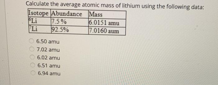 Solved Calculate the average atomic mass of lithium using | Chegg.com