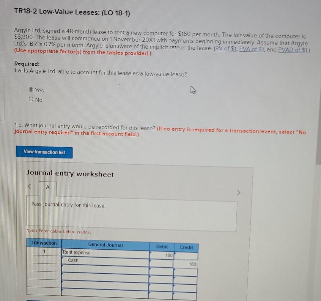 TR18-2 Low-Value Leases: (LO 18-1) Argyle Ltd, signed | Chegg.com