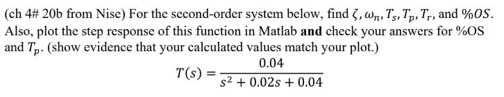 Solved (ch 4#20 ﻿b from Nise) ﻿For the second-order system | Chegg.com