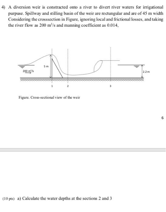 Solved 4) A diversion weir is constracted onto a river to | Chegg.com