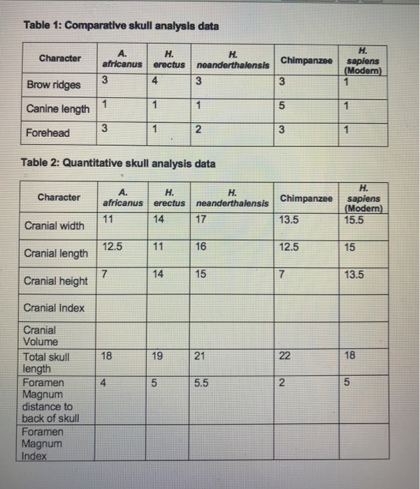Table 1: Comparative skull analysis data H. Character | Chegg.com