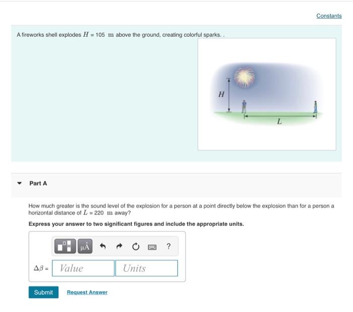 Solved Constants A fireworks shell explodes H = 105 m above | Chegg.com