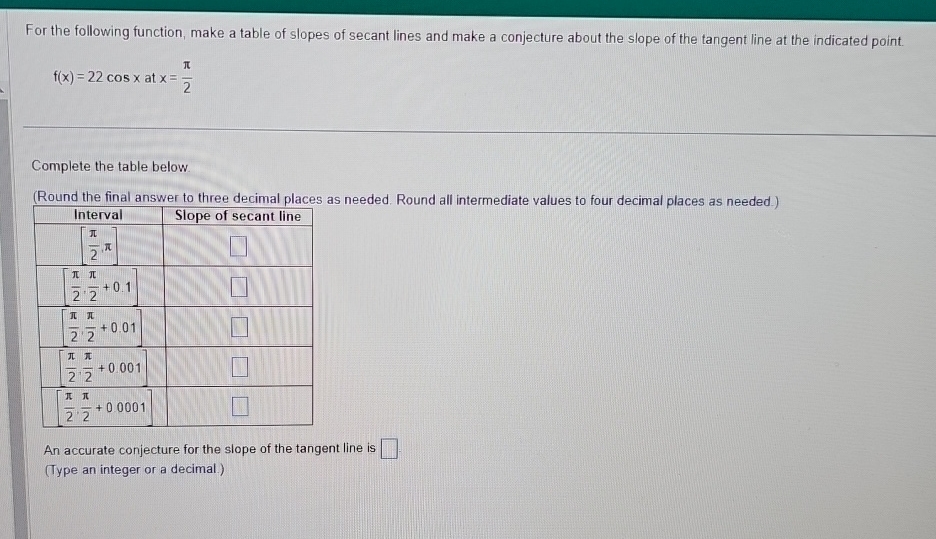 Solved For the following function, make a table of slopes of | Chegg.com