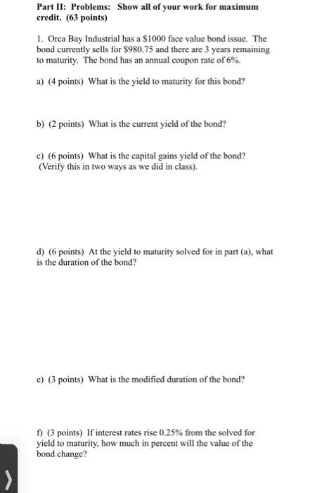 Solved Part II: Problems: Show all of your work for maximum | Chegg.com