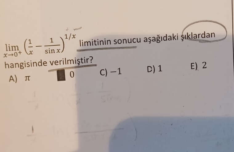 Solved by an EXPERT limx→0+(1x-1sinx)1x ﻿limitinin sonucu aşağıdaki | Chegg.com