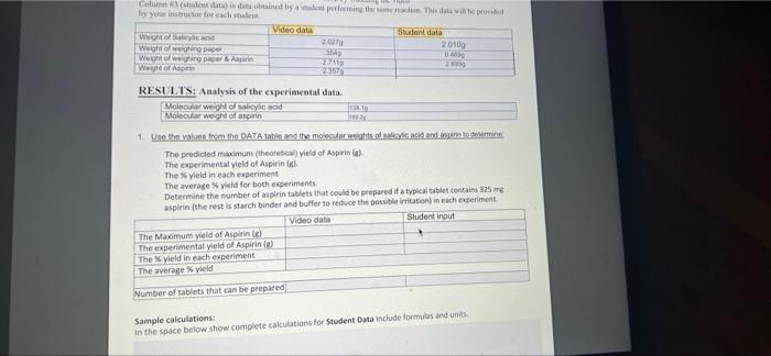 Solved ELELALUI 12. Aspirin synthesis DATA TABLES Column #2 | Chegg.com