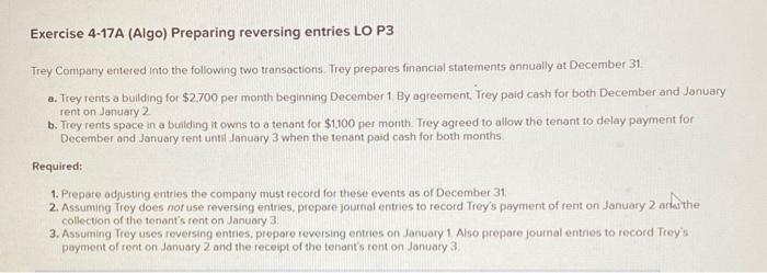 Exercise 4-17A (Algo) Preparing reversing entries LO | Chegg.com