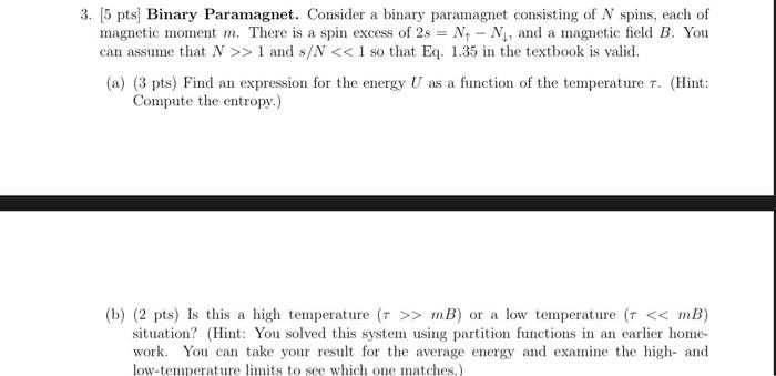 Solved 3 5 Pts Binary Paramagnet Consider A Binary 