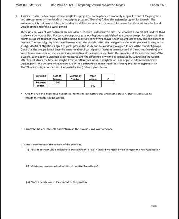 Solved Math 80 - Statistics One-Way ANOVA - Comparing | Chegg.com