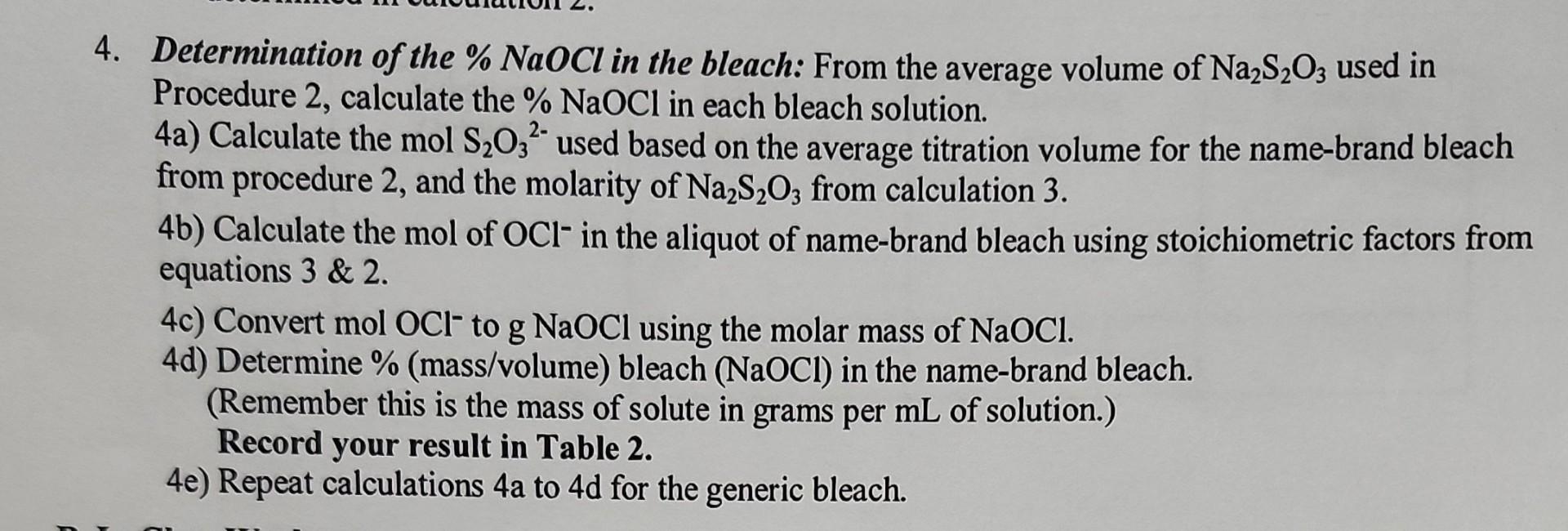 Solved Table 2: Analysis of Bleach Note: All titrations also | Chegg.com