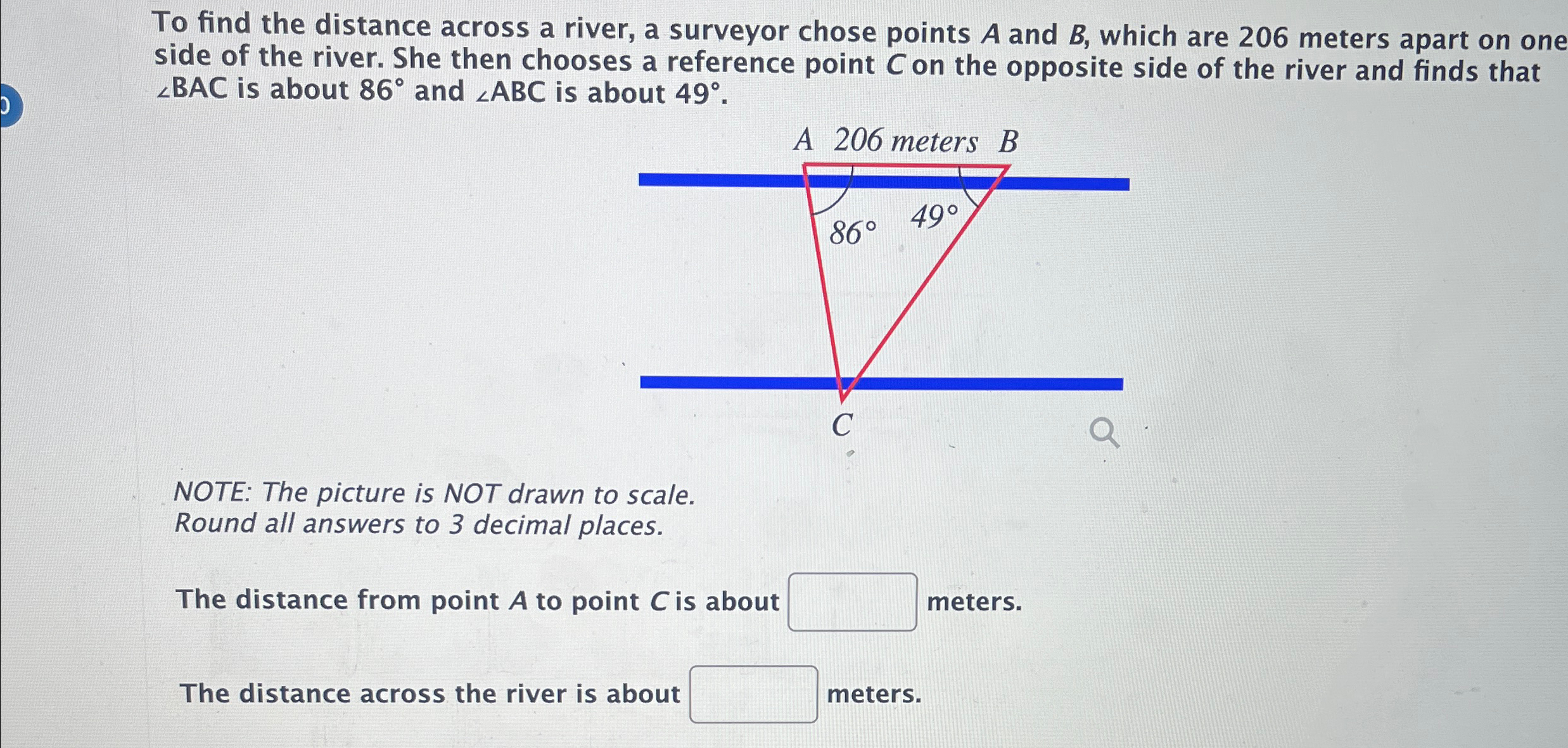 Solved To find the distance across a river, a surveyor chose | Chegg.com