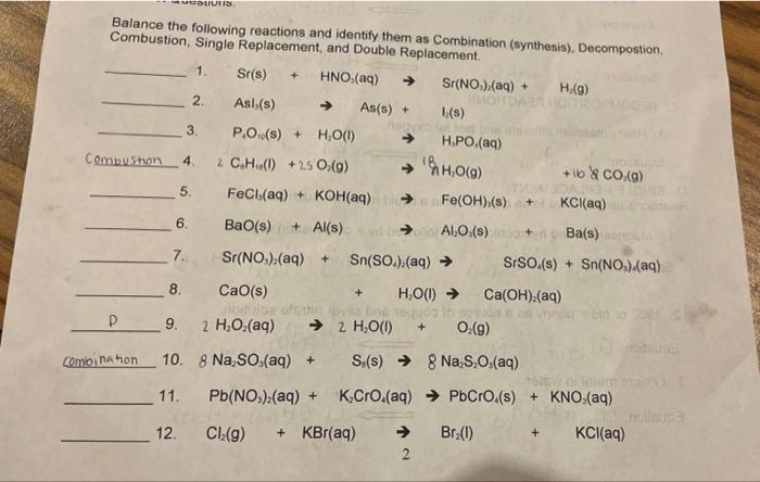 Solved Balance the following reactions and identify them as | Chegg.com