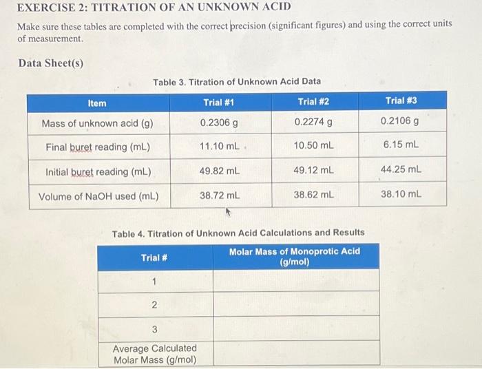EXERCISE 2: TITRATION OF AN UNKNOWN ACID Make sure | Chegg.com
