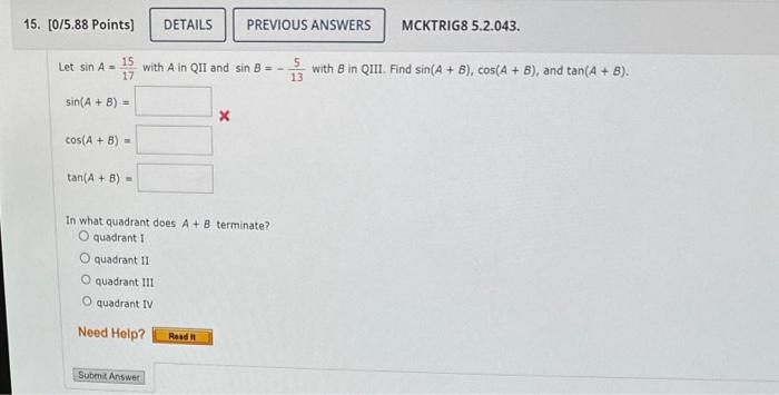 Solved Let sinA=1715 with A in QII and sinB=−135 with B in | Chegg.com