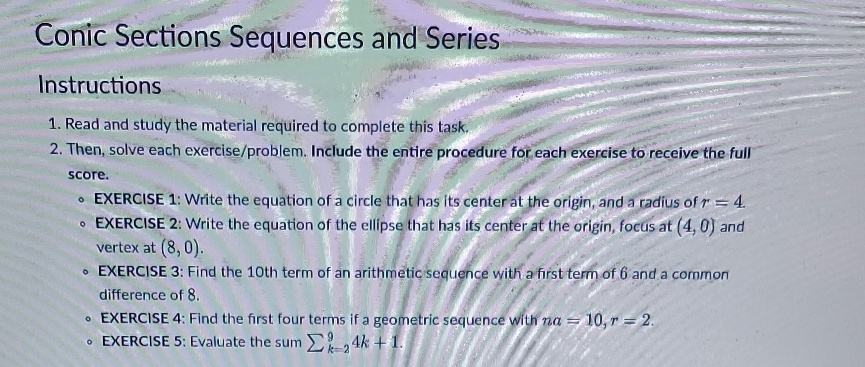 Solved Conic Sections Sequences and Series Instructions 1. | Chegg.com
