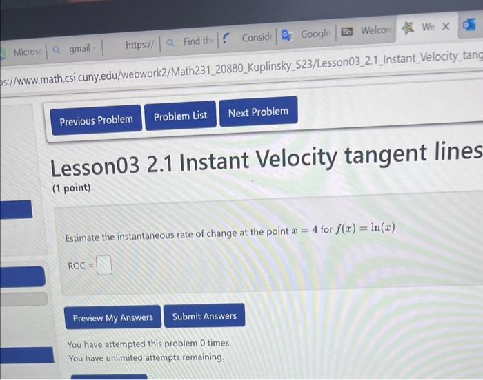 Solved Lesson03 2.1 Instant Velocity tangent lines (1 point) | Chegg.com