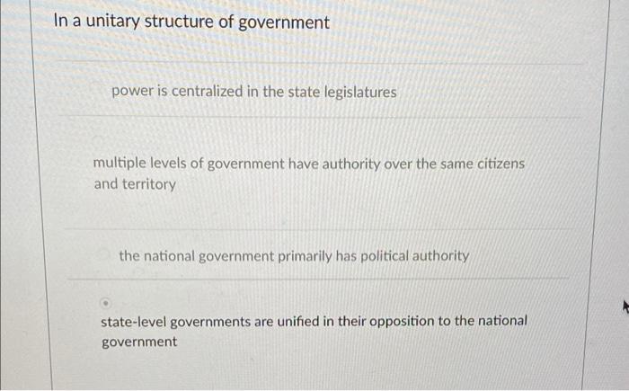 Solved In a unitary structure of government power is | Chegg.com