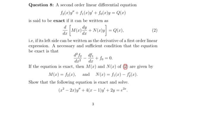 Solved Question 8: A second order linear differential | Chegg.com