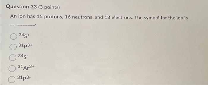 Solved Question 33 (3 points) An ion has 15 protons, 16 | Chegg.com