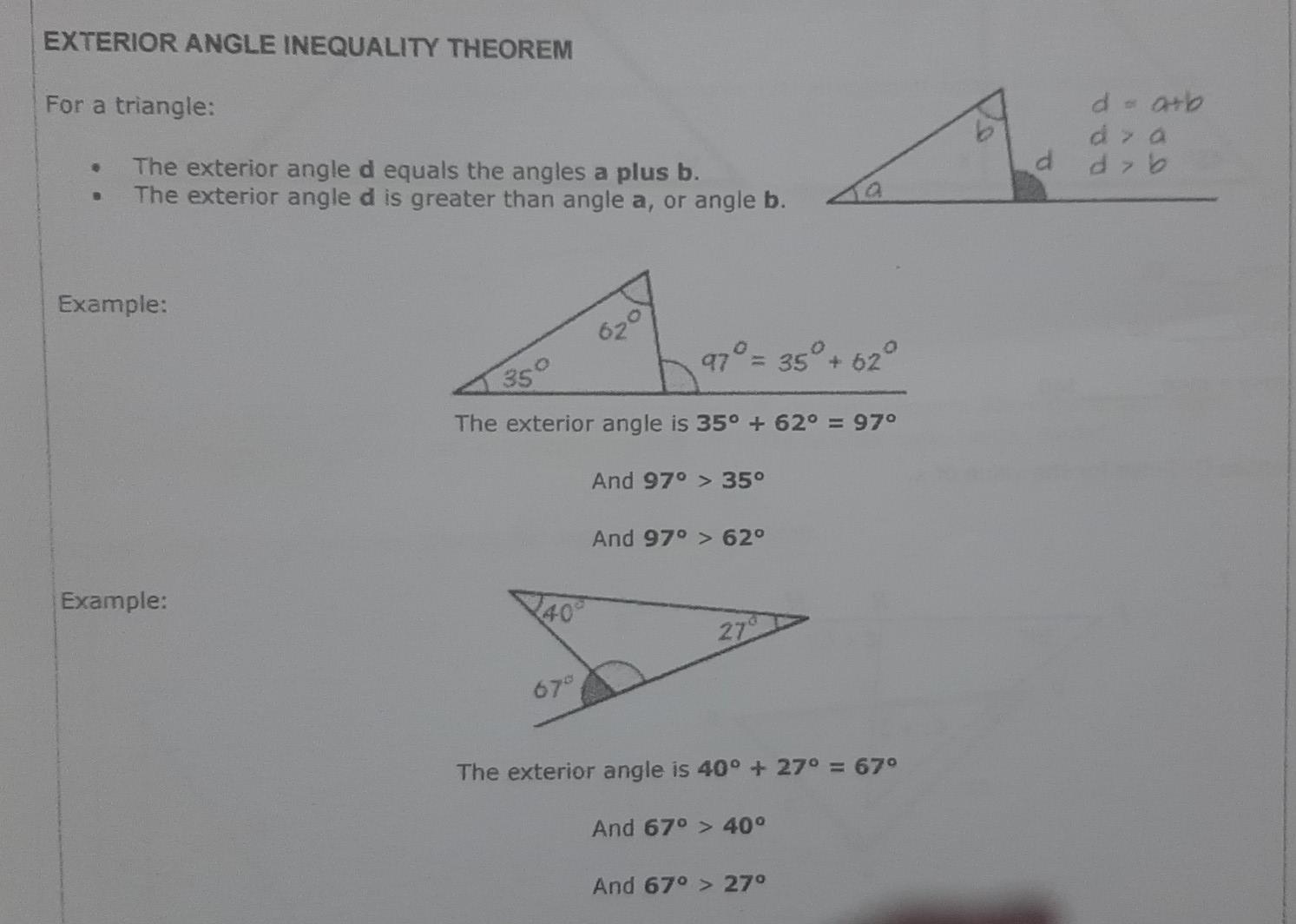 Solved EXTERIOR ANGLE INEQUALITY THEOREM For a triangle: | Chegg.com