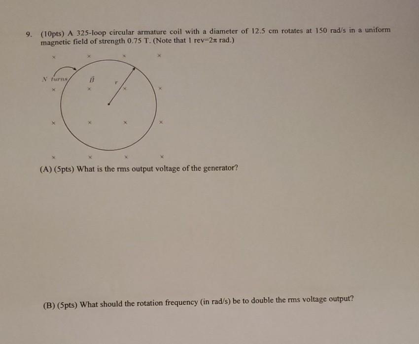 Solved 9. (10pts) A 325-loop circular armature coil with a | Chegg.com
