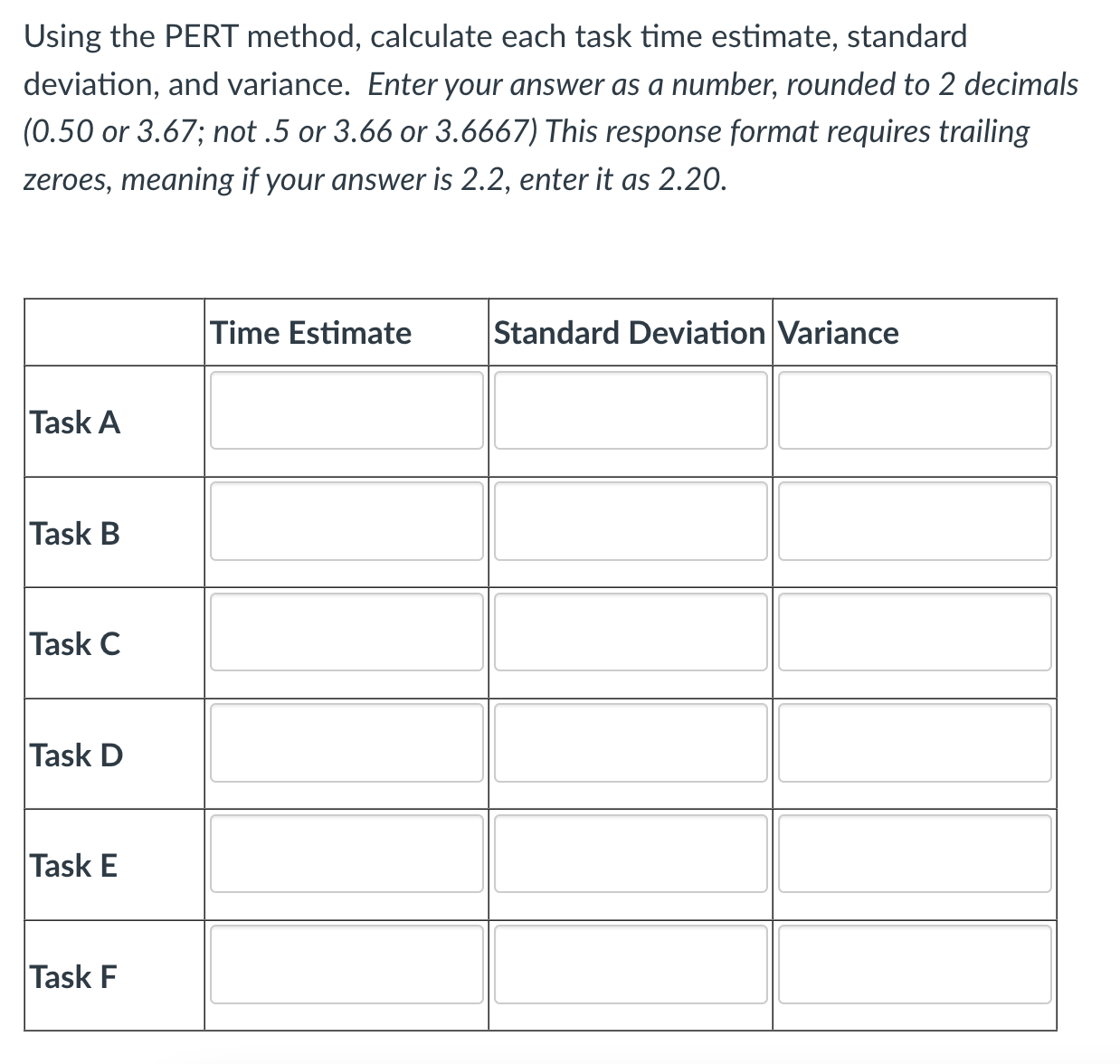 [Solved]: Using the PERT method, calculate each task time