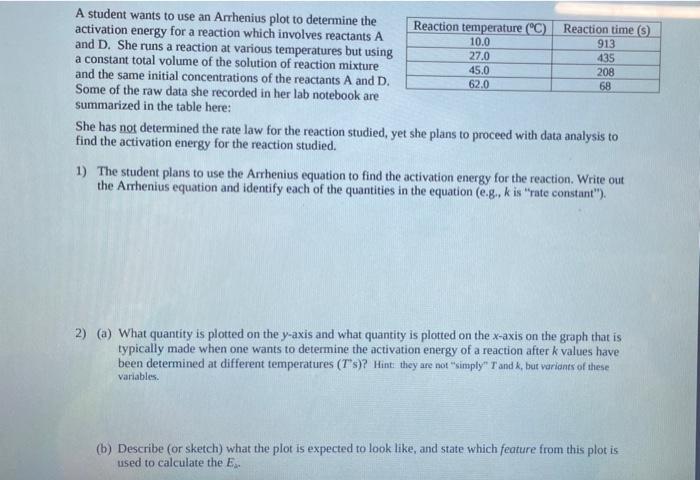 Solved 68 A student wants to use an Arrhenius plot to | Chegg.com