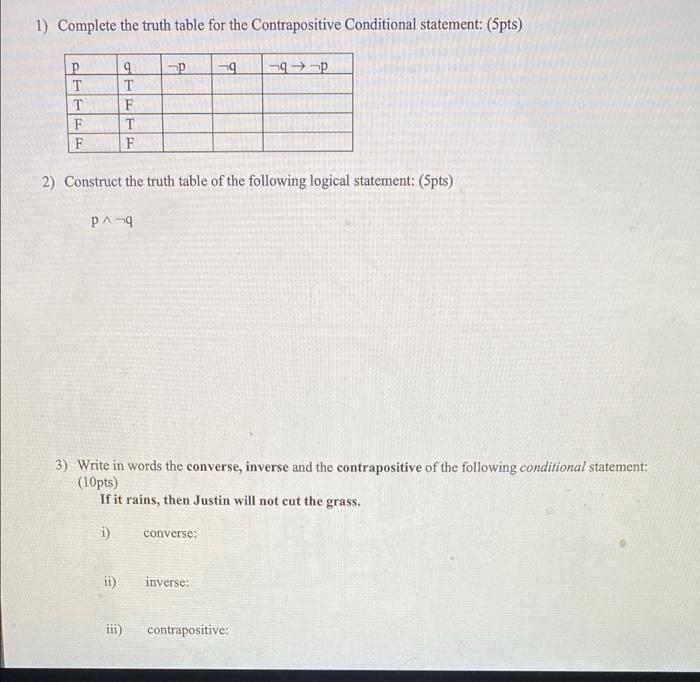 Solved 1) Complete the truth table for the Contrapositive | Chegg.com