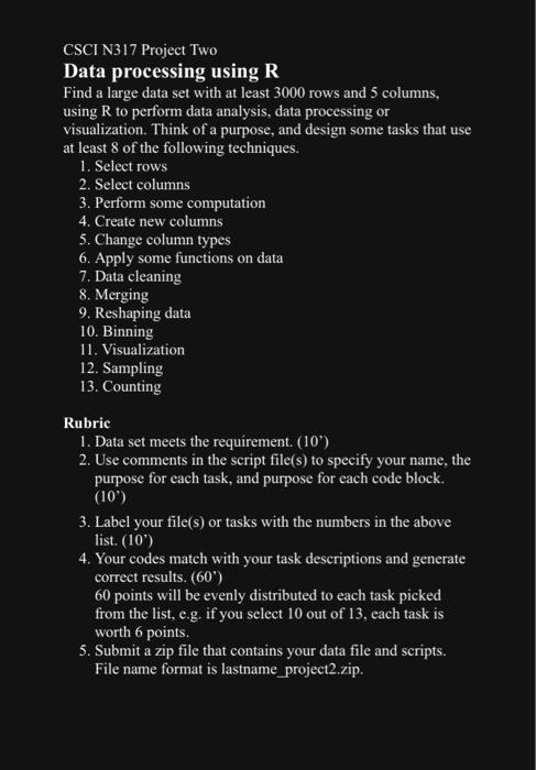 Solved CSCI N317 Project Two Data processing using R Find a | Chegg.com