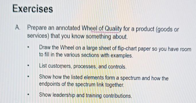 Solved Exercises A Prepare an annotated Wheel of Quality for | Chegg.com