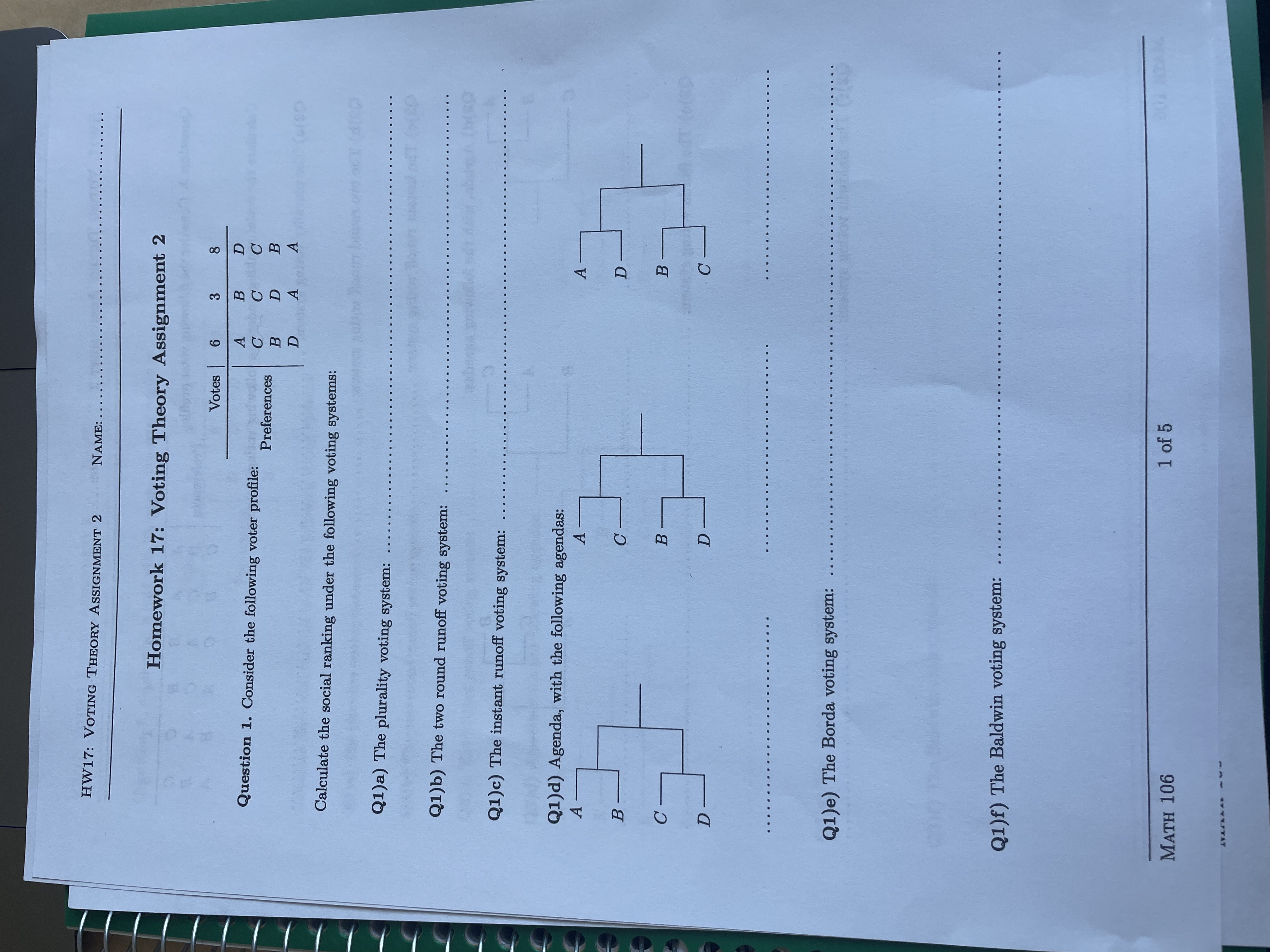 Homework 17: Voting Theory Assignment 2Question 1. | Chegg.com