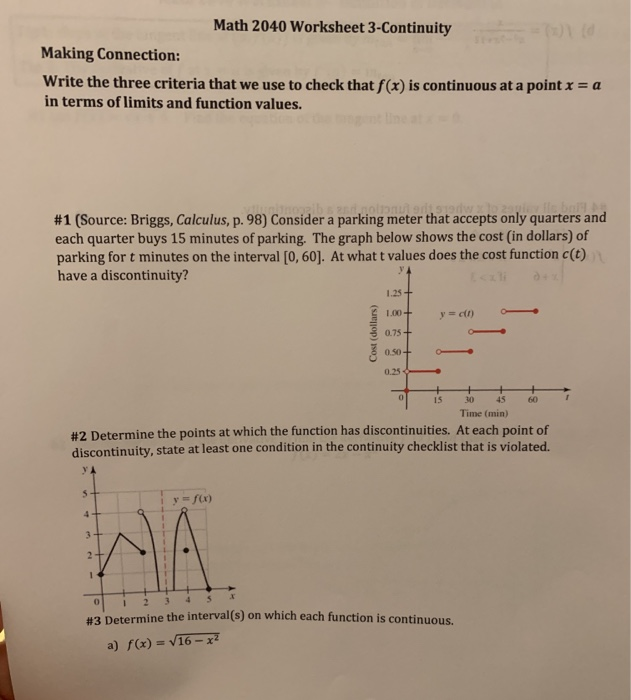 Solved Math 2040 Worksheet 3-Continuity Making Connection: | Chegg.com