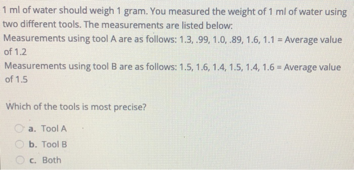 Solved 1 ml of water should weigh 1 gram. You measured the | Chegg.com ...