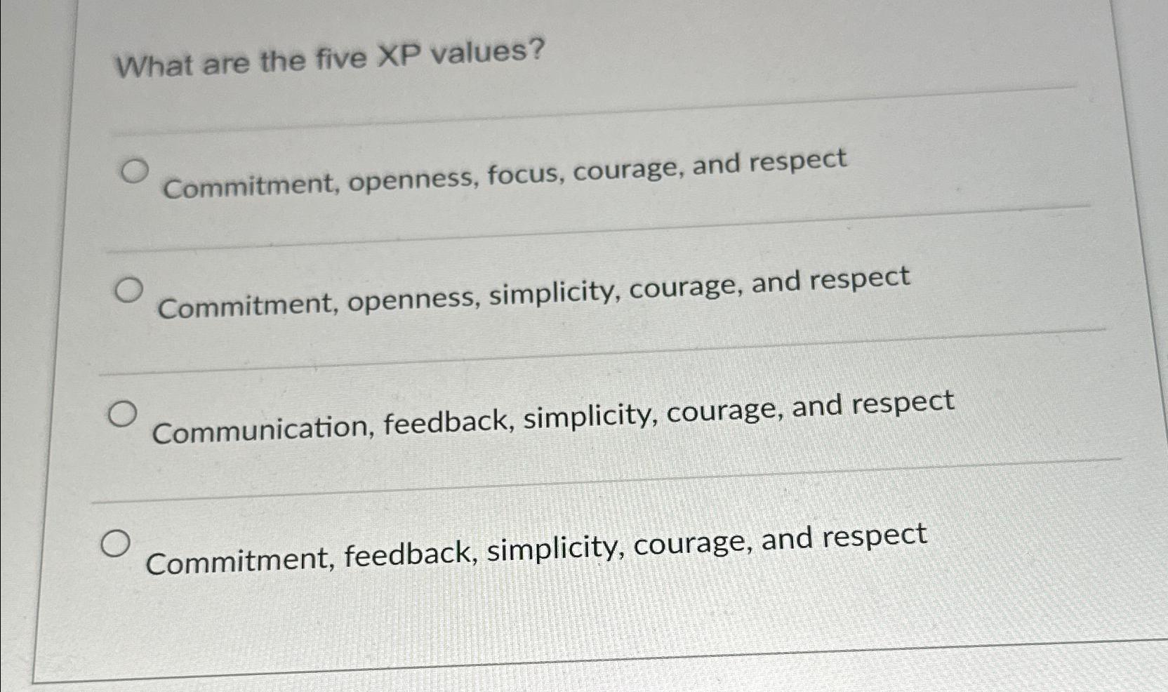 Solved What Are The Five Xp Valuescommitment Openness
