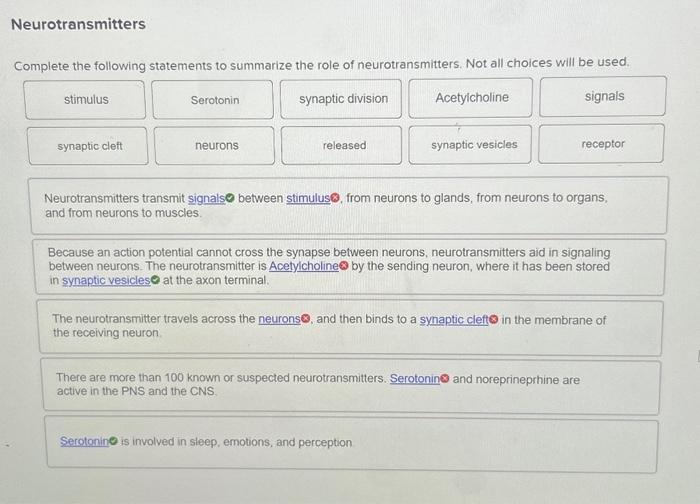 Solved Neurotransmitters Complete the following statements | Chegg.com