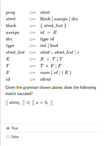 Solved prog ::= stmtstmt ,::= ﻿block | ﻿assign | ﻿decblock | Chegg.com