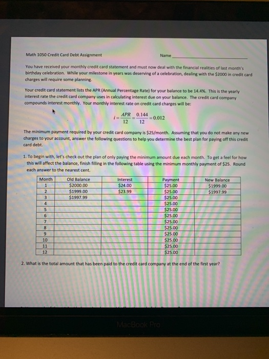 Solved Math 1050 Credit Card Debt Assignment Name You have | Chegg.com