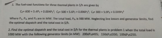 Solved 2. Find the optimal dispatch and the total cost in | Chegg.com
